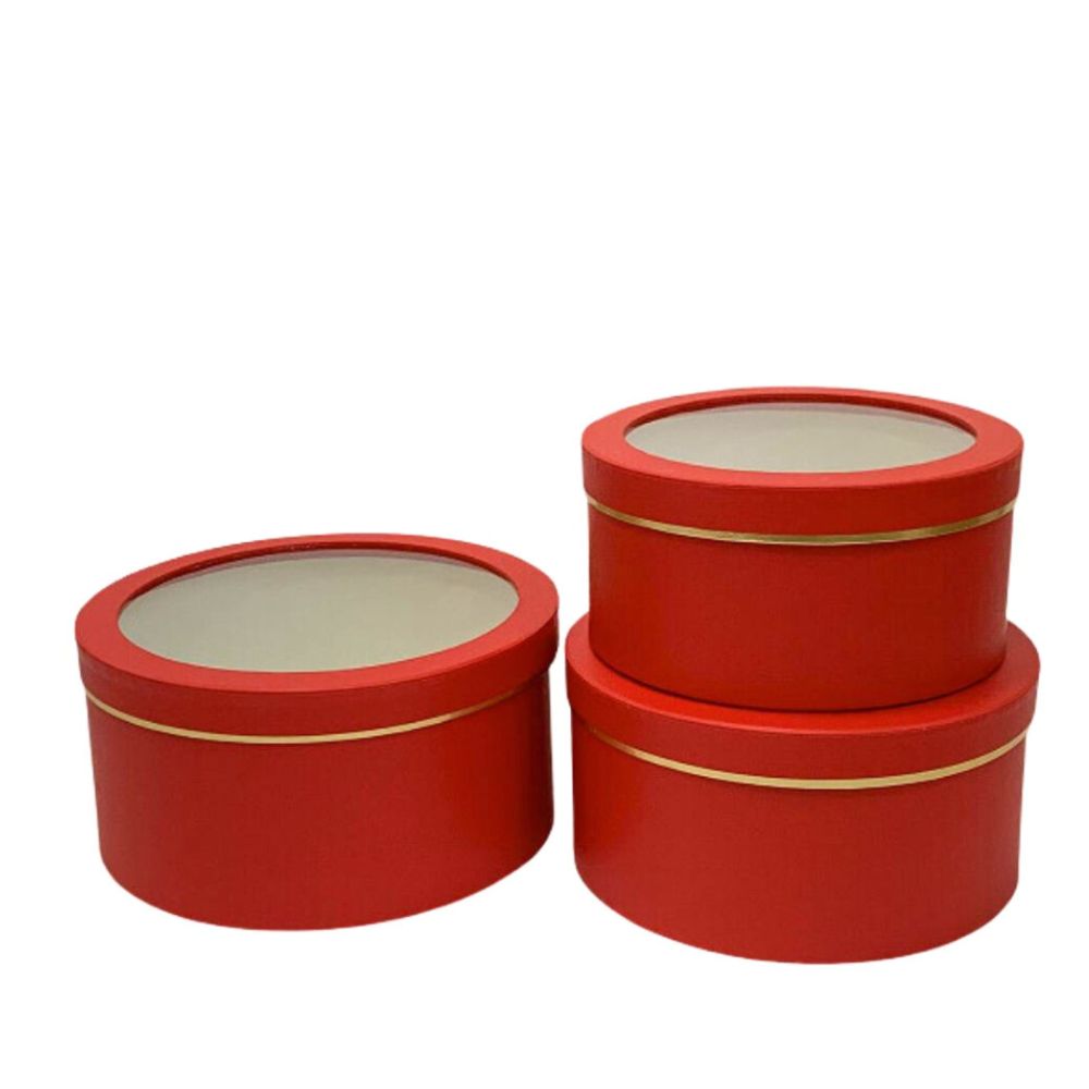 Set of 3 Round Boxes with Clear Window Lids, Various Colors, W200 ...