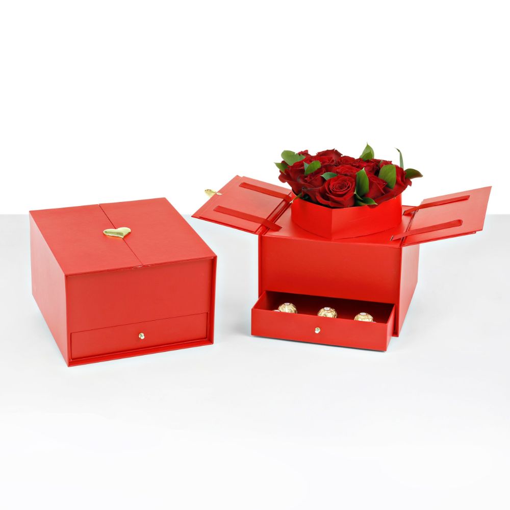 Square Flower/Gift Box with Heart Insert and Surprise Drawer, Various ...