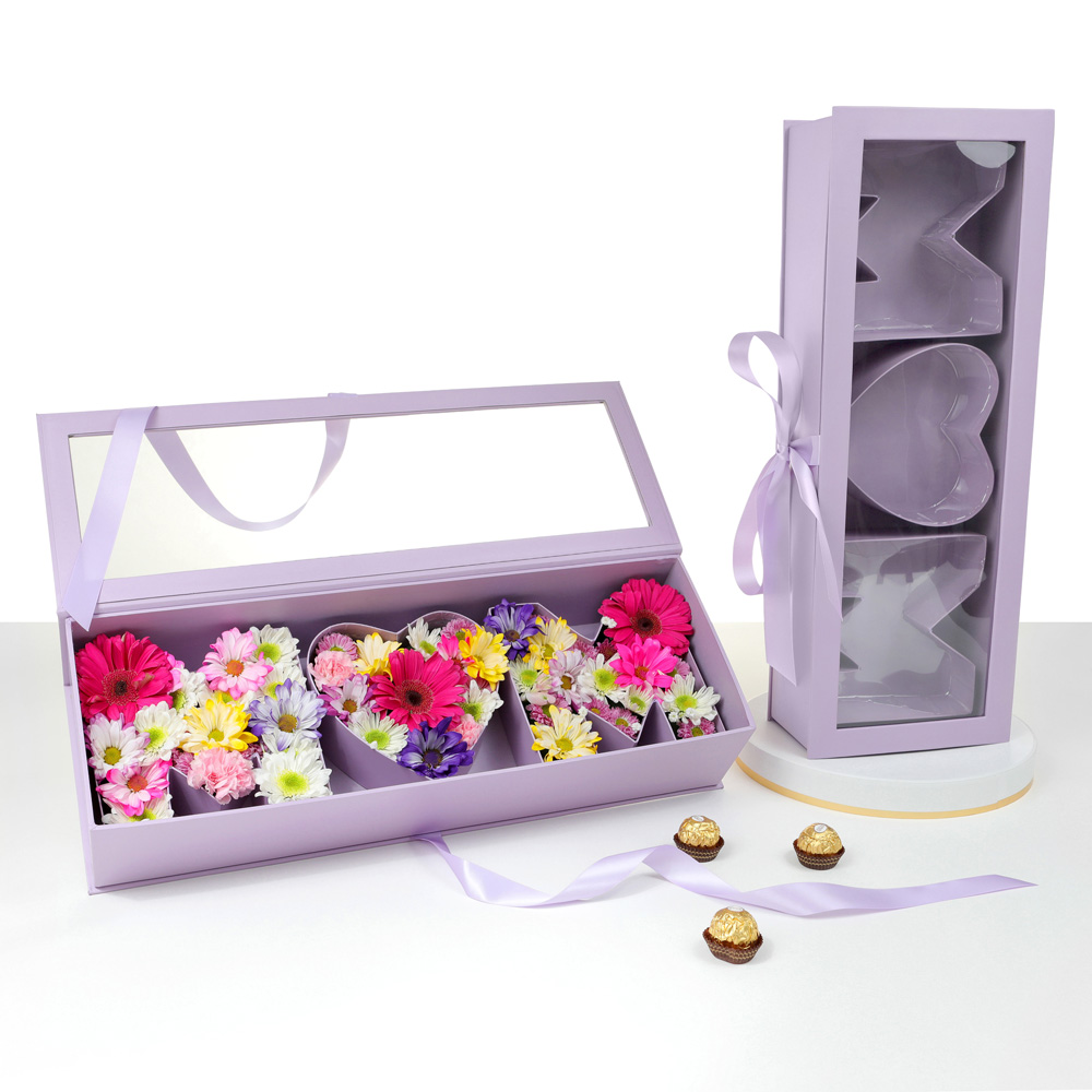 NEW Design “MOM” Box, Clear Top, Plastic Liner, Ribbon, Various Colors ...